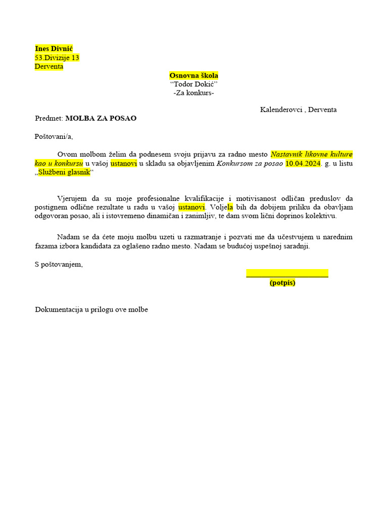 Molba Za Posao | PDF