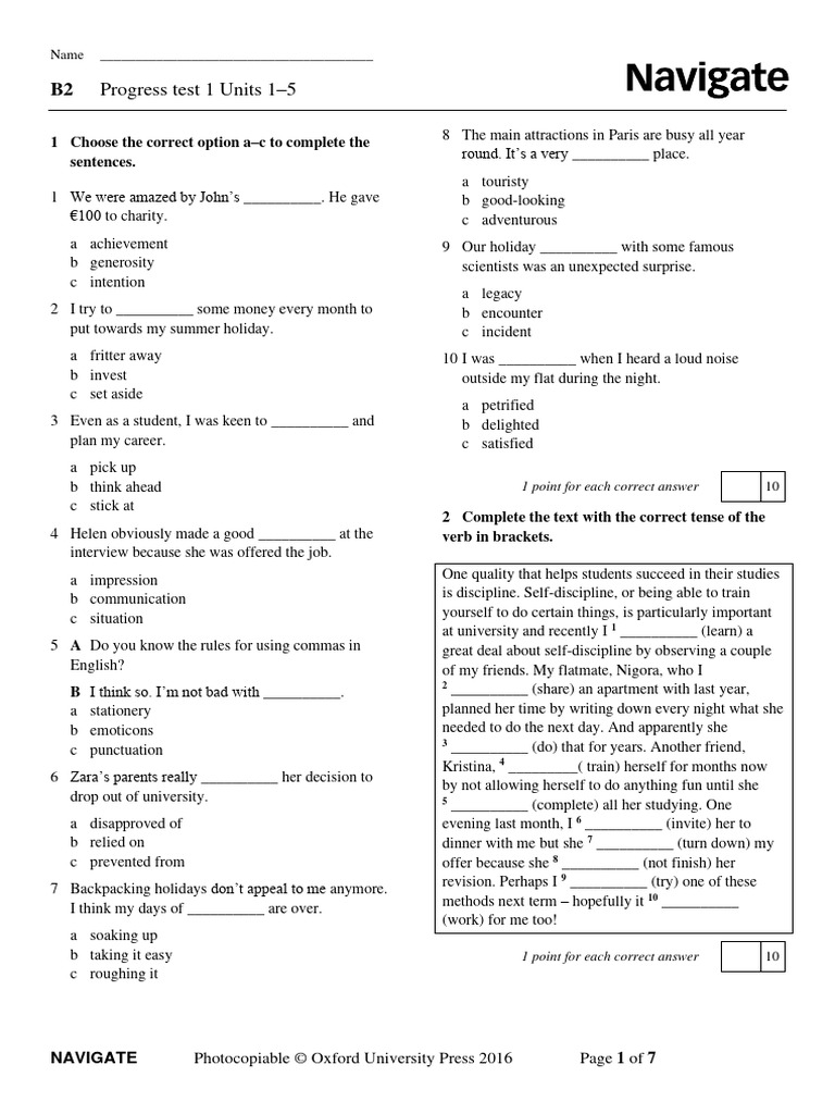 B2 Progress Test 2023 (Units1-5) | PDF | Linguistics