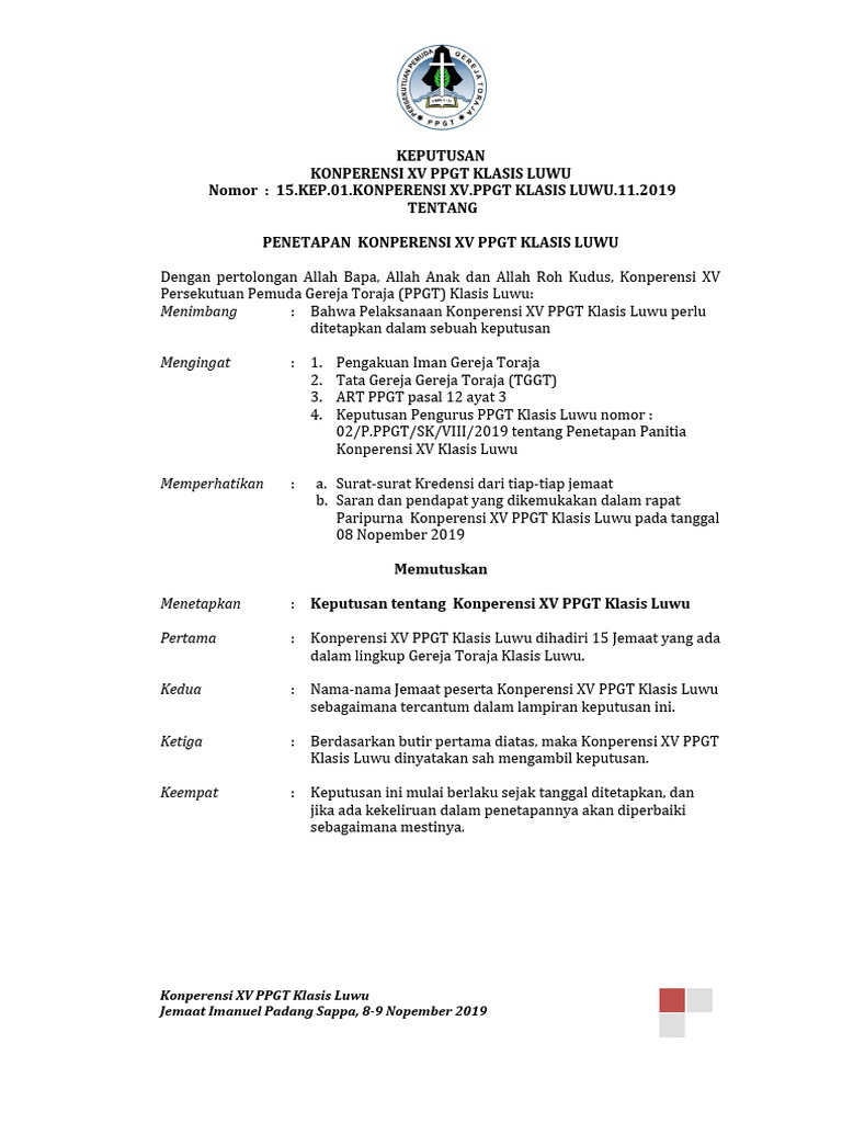 Keputusan Konferensi XV PPGT Luwu | PDF