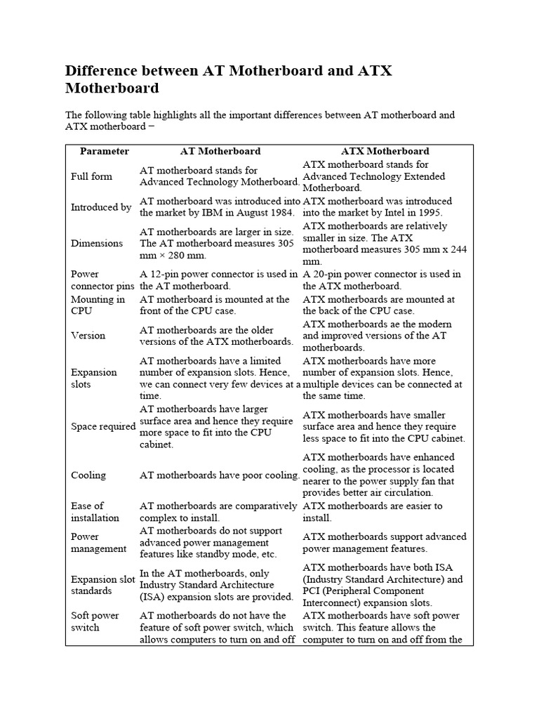 AT Vs ATX Motherboard | PDF | Computing | Classes Of Computers