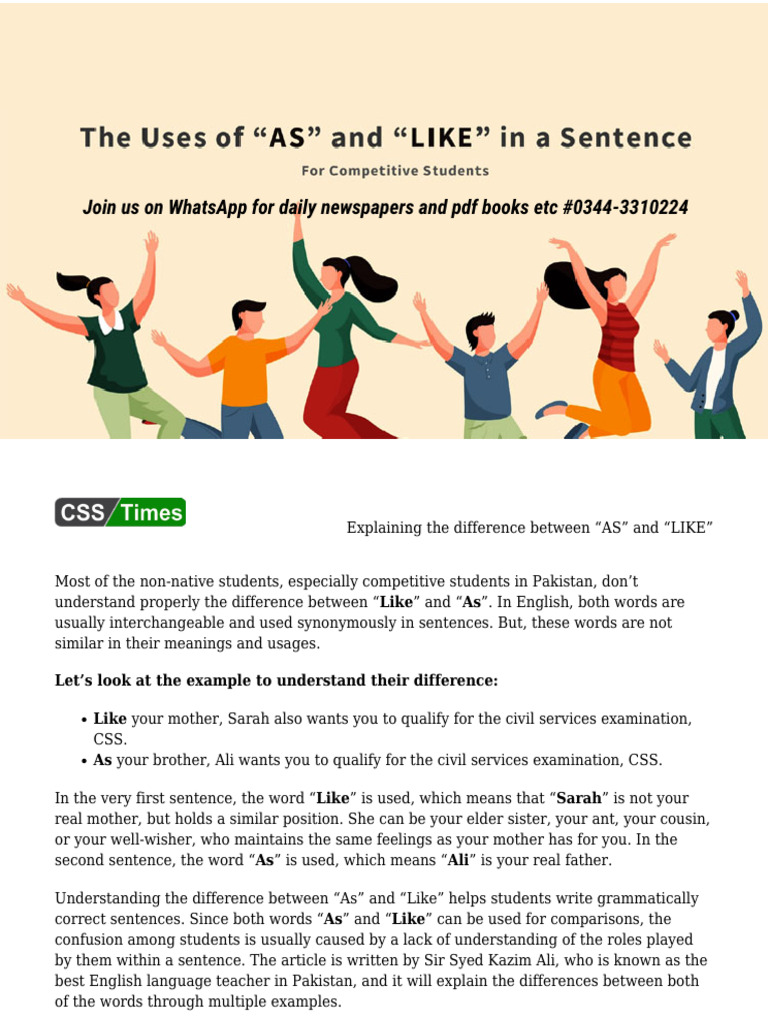 Explaining The Difference Between "AS" and "LIKE" | PDF | Noun | Pronoun