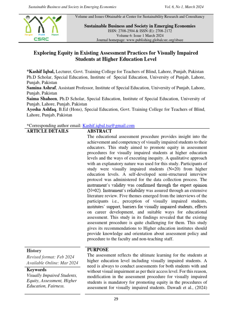 Exploring Equity in Existing Assessment Practices For Visually Impaired Students at Higher ...