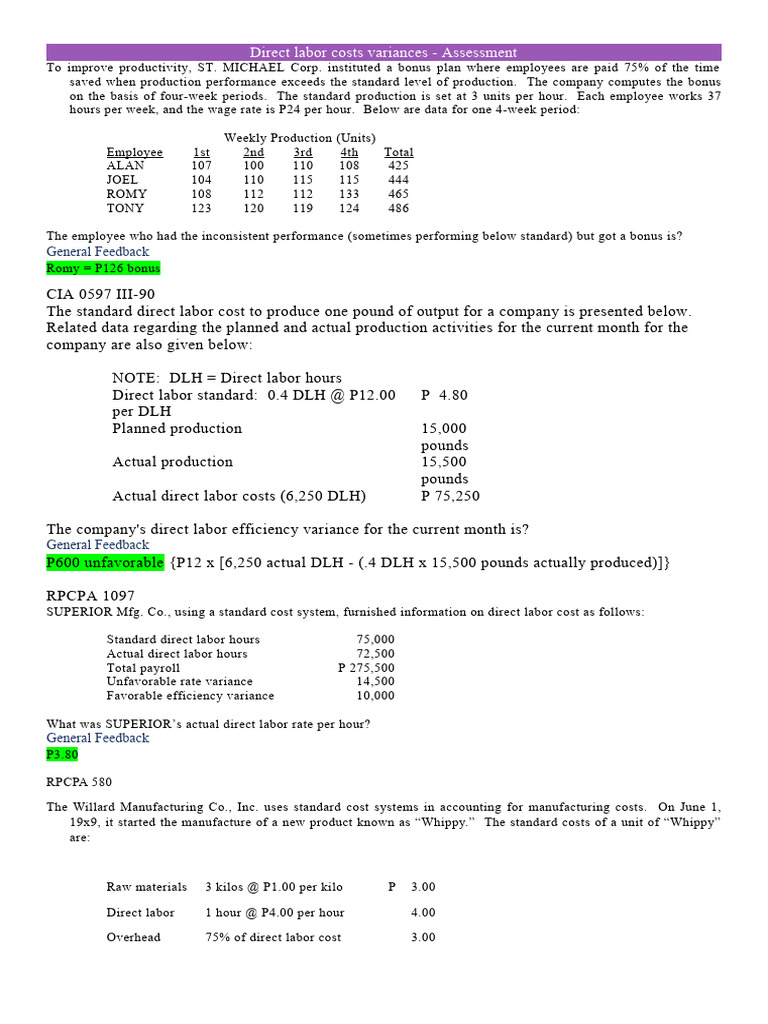 Direct Labor Cost Variances Analysis | PDF | Variance | Cost