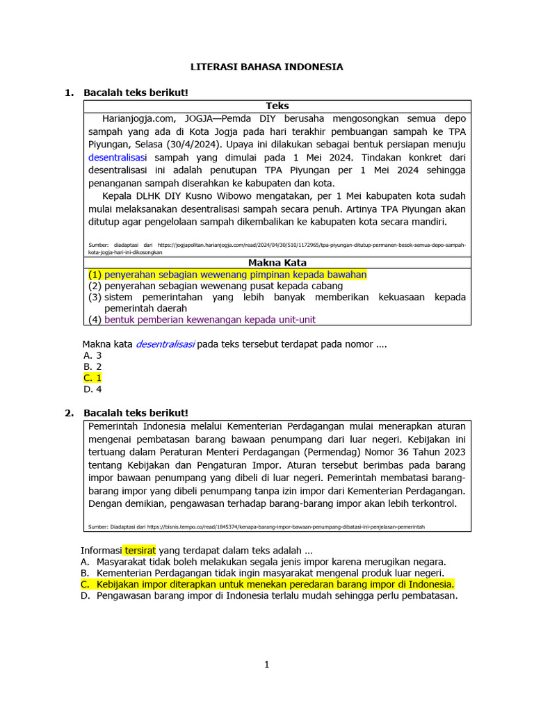 Soal Literasi Bahasa Indonesia | PDF