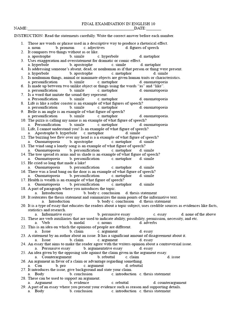 English 10 Final Exam Review | PDF | Essays | Narration