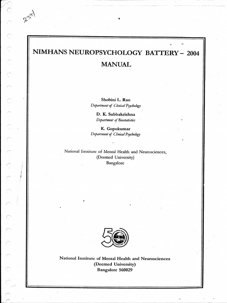 Nimhans Neuropsycological Battery Manual 2004 | PDF