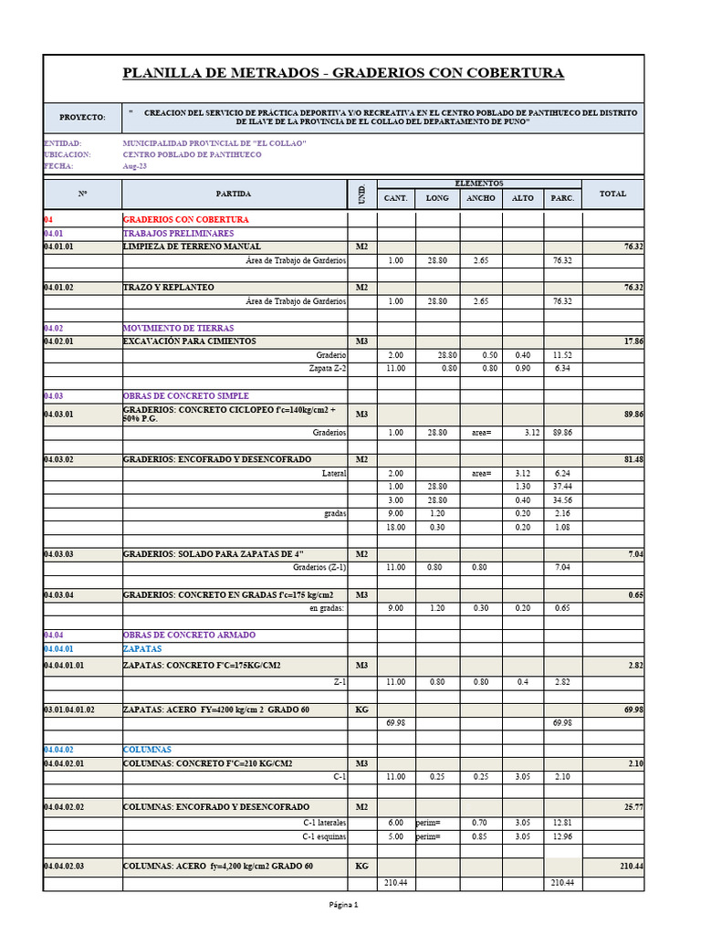 03 Metrados Graderios Pantihueco | PDF | Materiales de construcción | Edificio sustentable