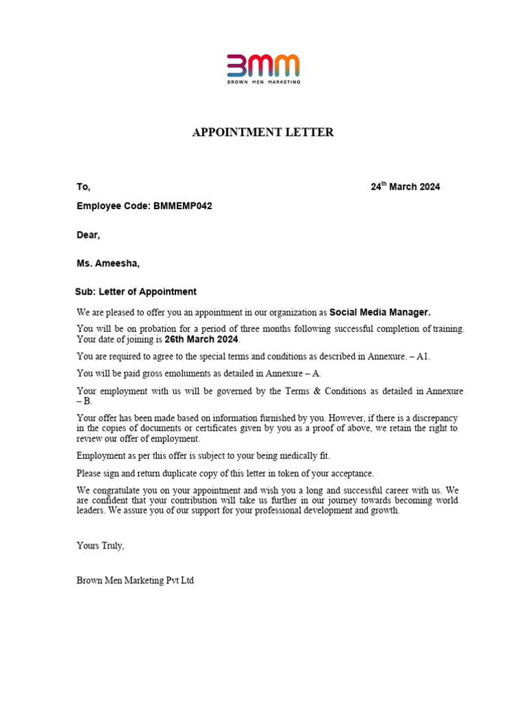 Appointment Letter Final Ameesha | PDF | Employment | Overtime