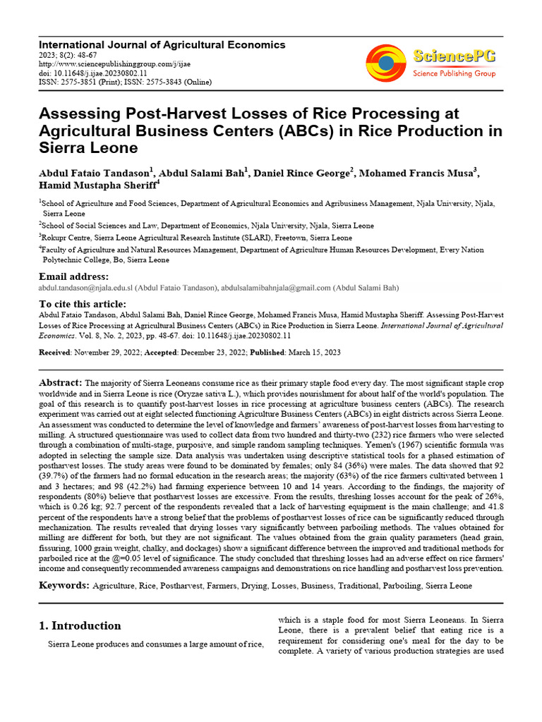 Assessing Post-Harvest Losses of Rice Processing at Agricultural ...