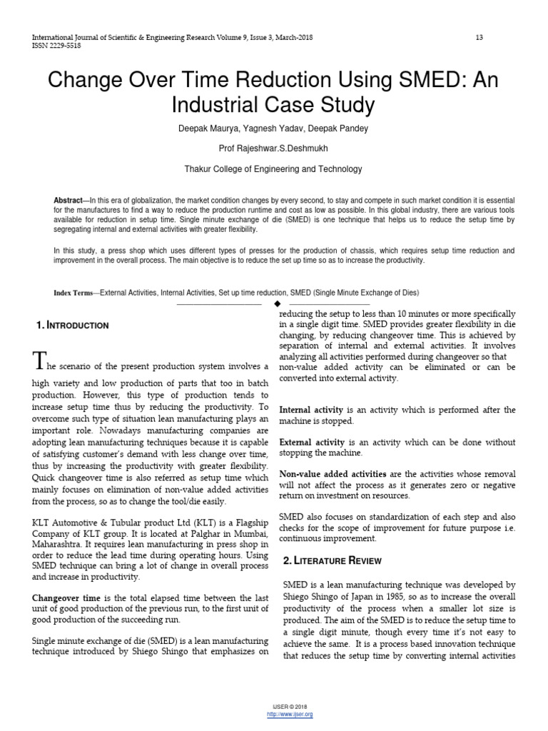 Change Over Time Reduction Using SMED An Industrial Case Study ...