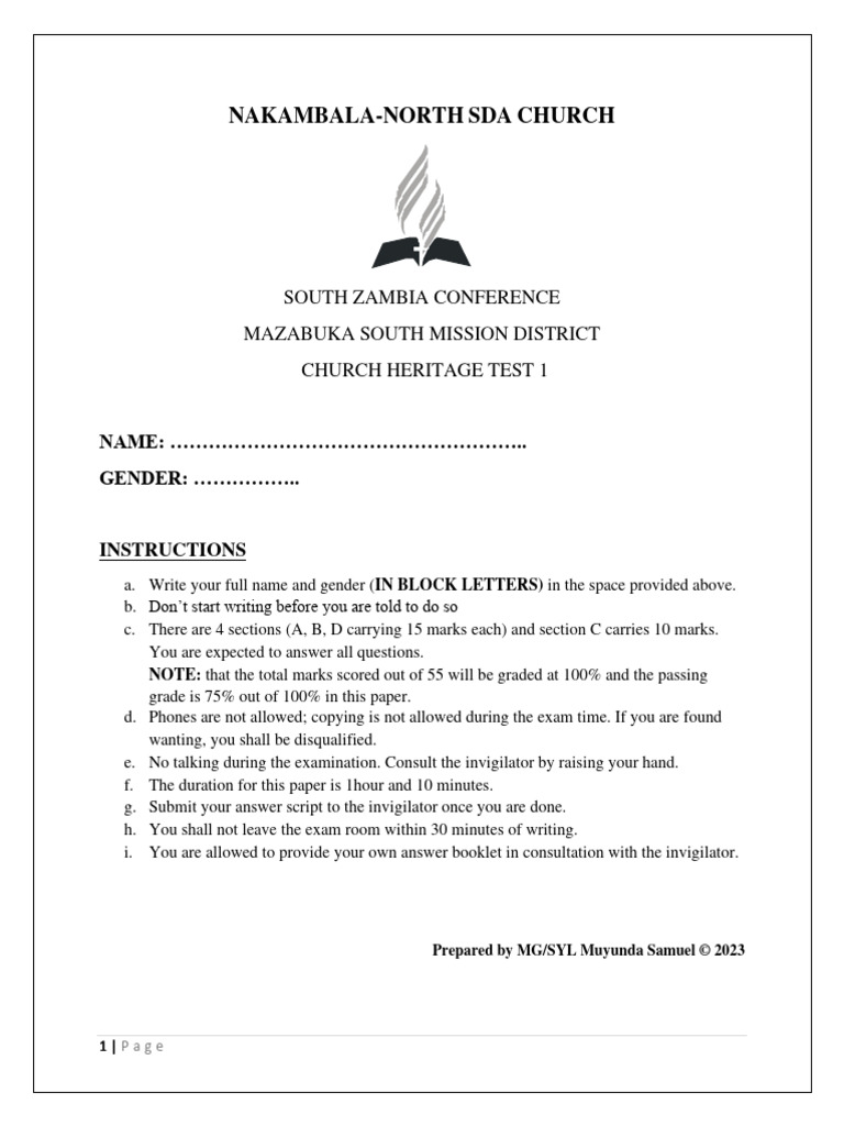 Nakambala-North Church Heritage Test One 2023 | PDF | Seventh Day ...