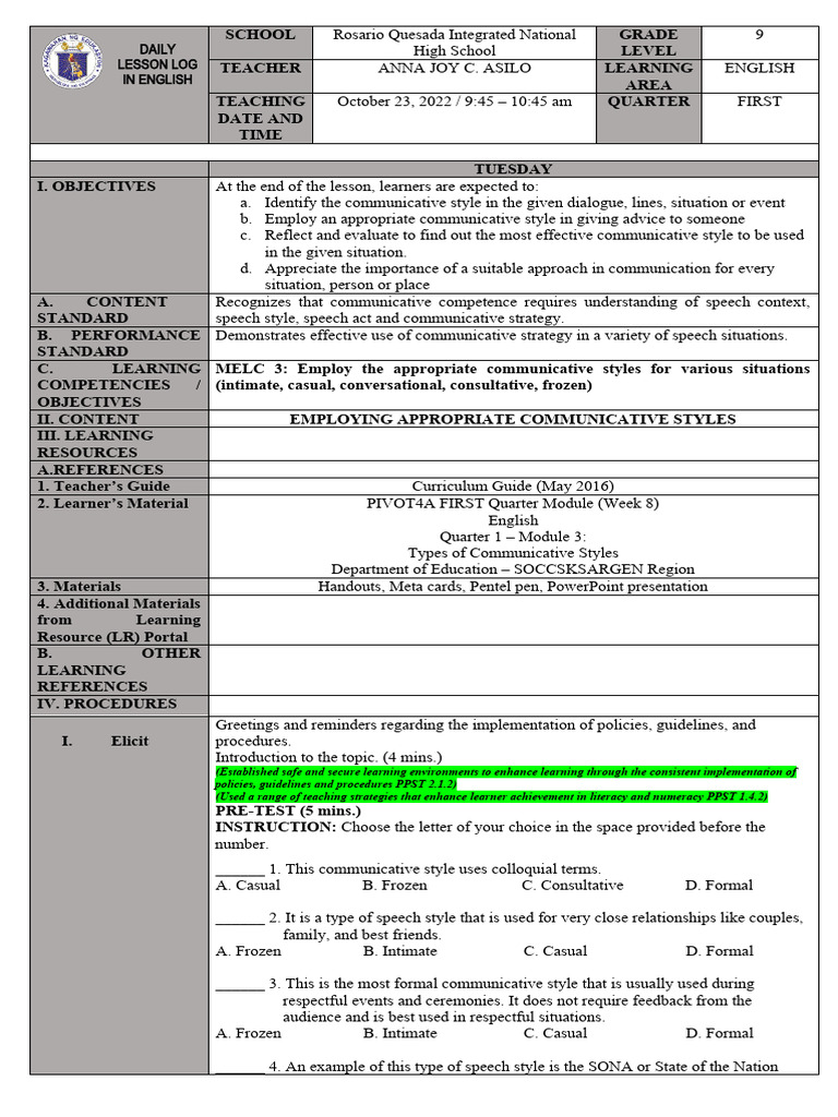Demo Teaching - Lesson Plan - Grade 9 - First Quarter | PDF | Intimate ...