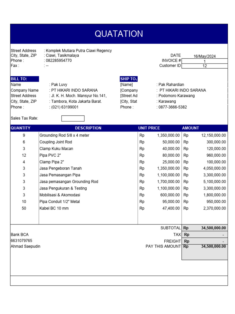 Quatation Grounding Rod | PDF
