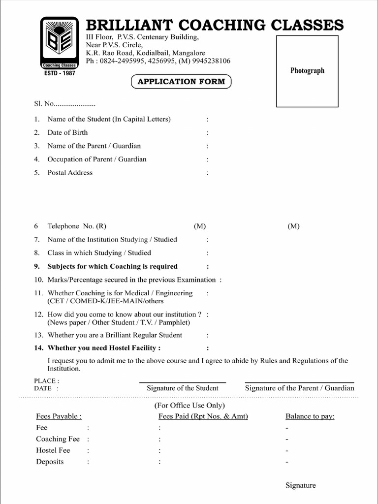 Brilliant Coaching Classes Application Form | PDF Brilliant Coaching Classes Application Form | PDF