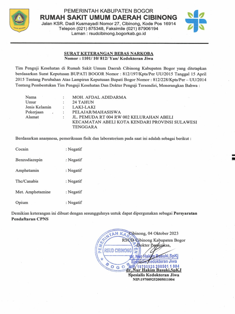 Surat Keterangan Bebas Narkoba | PDF
