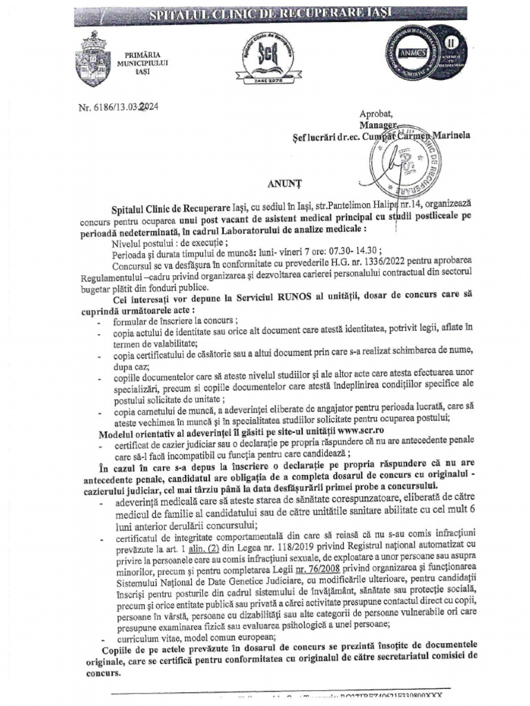 Anunt Concurs Asistent Medical Principal PL Laborator Analize Medicale ...