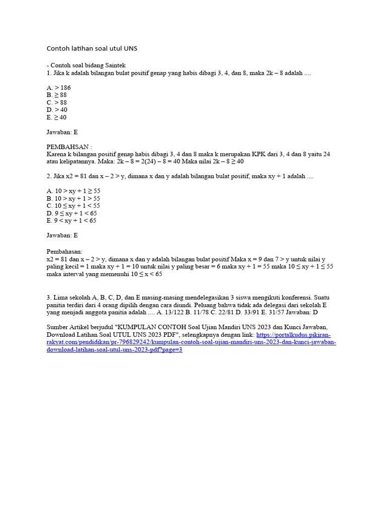 Contoh Latihan Soal Utul UNS | PDF