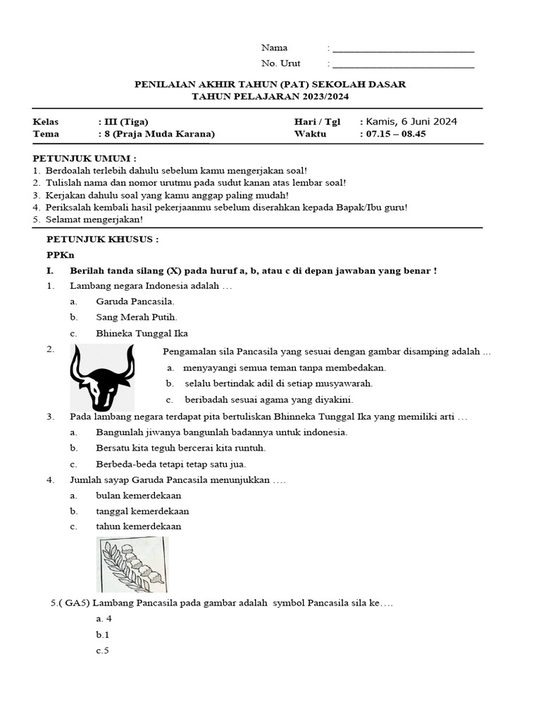 PAT Kelas 3 SD Tema 8 PPKn dan Matematika | PDF