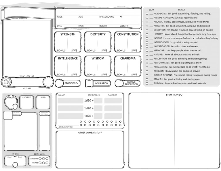 456029-Kid Friendly Character Sheet Letter BW Form Fillable | PDF