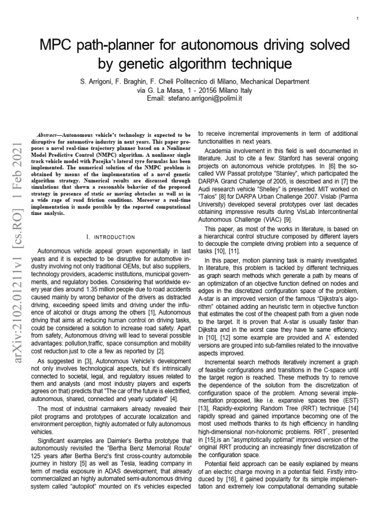 Mpc Path Planner For Autonomous Driving Pdf Mathematical Optimization Applied Mathematics