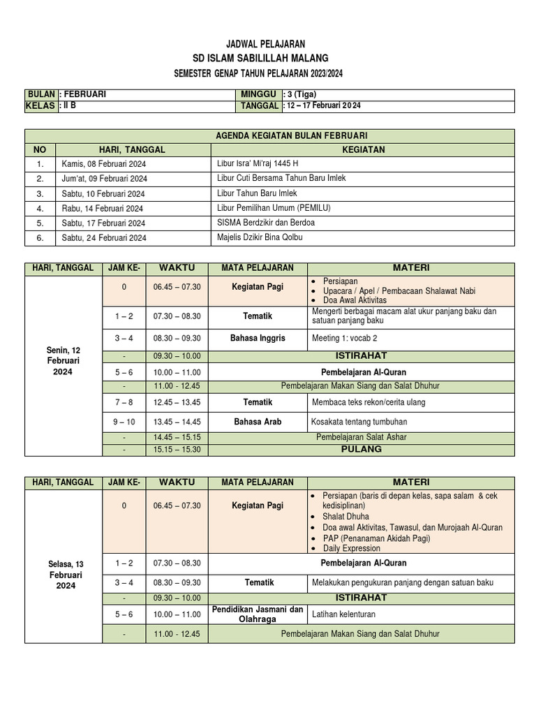 Jadwal Kelas 2B.-3 | PDF