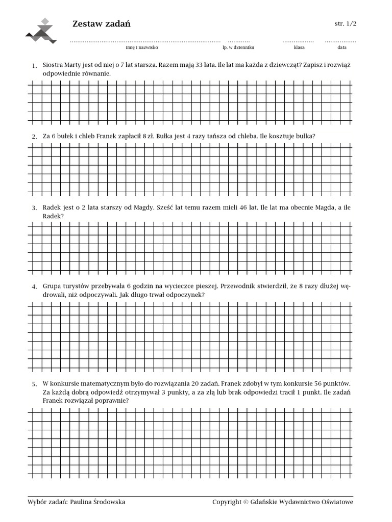 Równania Zadania Tekstowe Klasa 7 | PDF