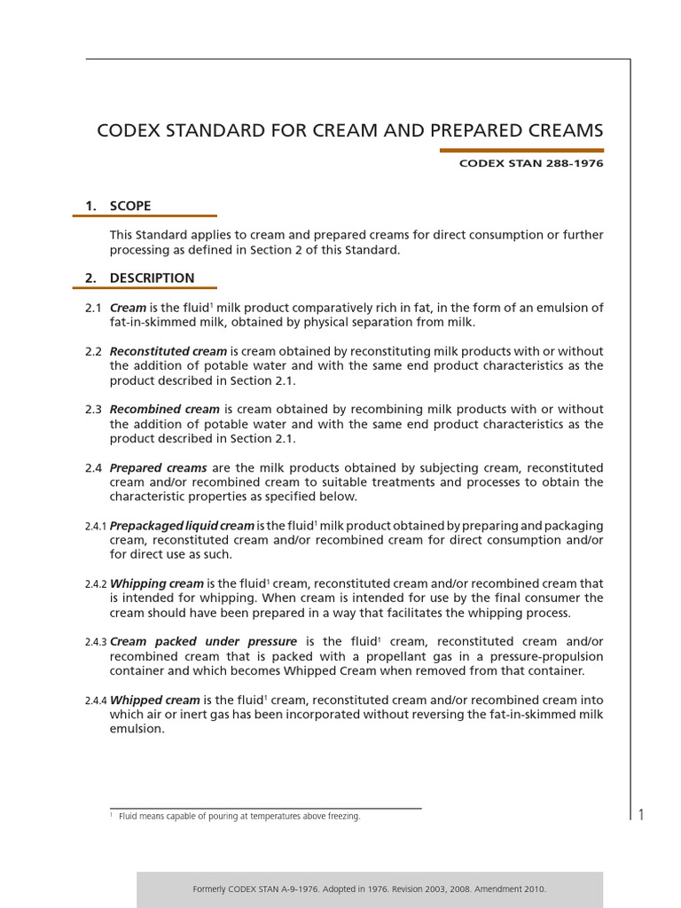 Codex Standard for Cream Products | PDF | Cream | Milk