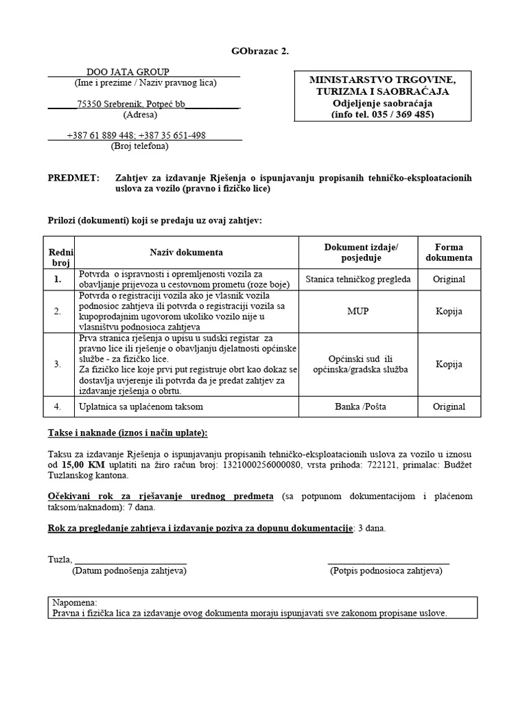 OBRAZAC - 2 Zahtjev Za Izdavanje Rješenja o Ispunjavanju Propisanih Tehničko-Eksploatacionih ...