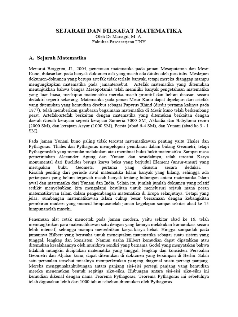 Marsigit Sejarah+dan+Filsafat+Matematika | PDF | Ilmu Sosial | Sejarah