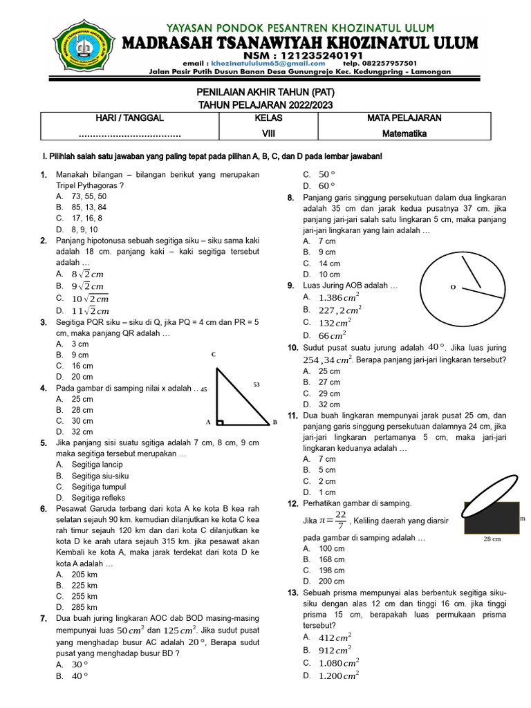 Soal PAT Matematika Kelas VIII Mts | PDF