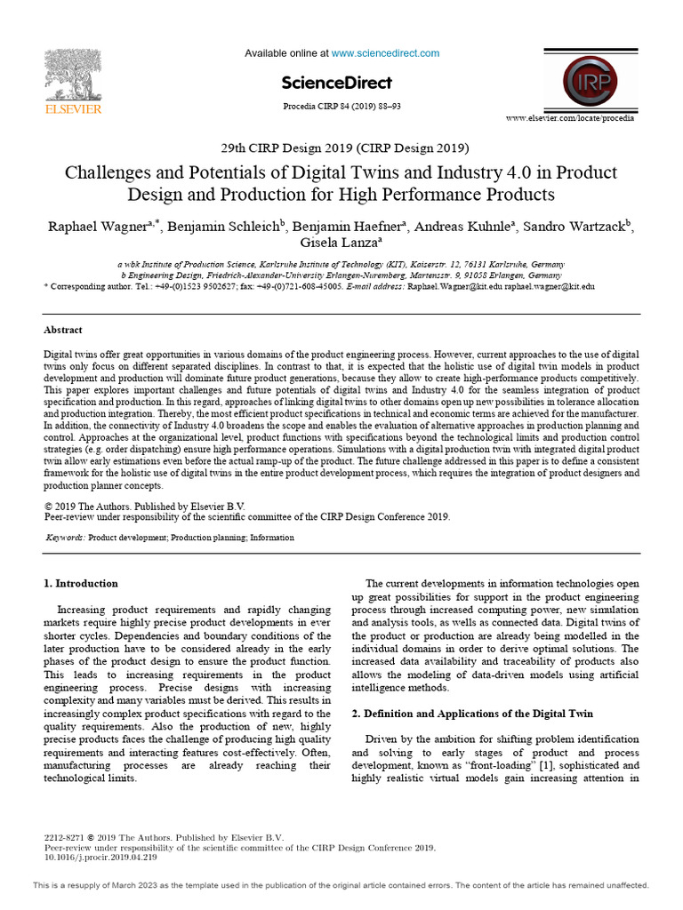 Challenges and Potentials of Digital Twins and Industry 4.0 in Product Design and Production for ...