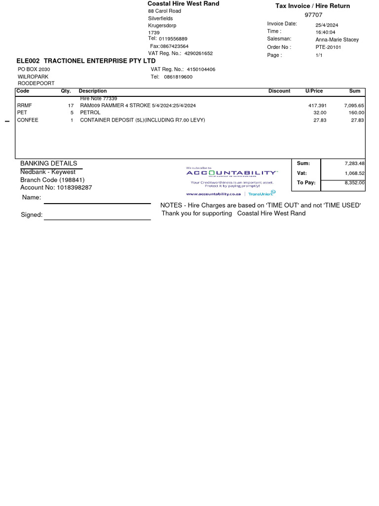 Coastal Hire Invoice for Equipment Rental | PDF