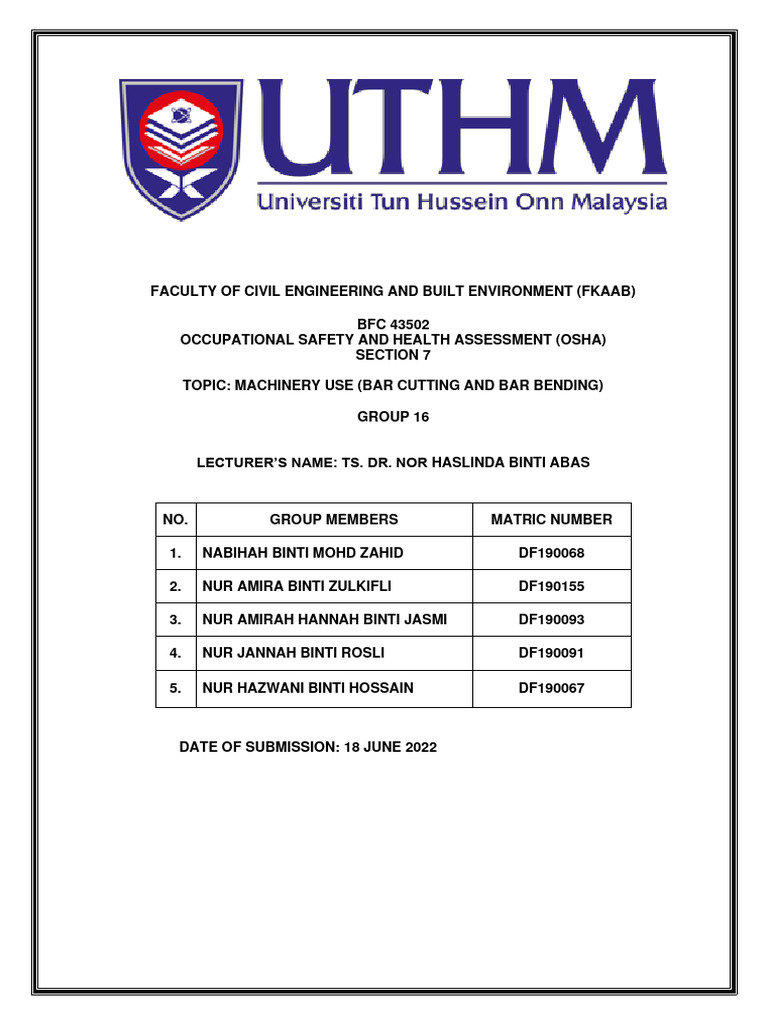 OSHA Assessment for Bar Cutting & Bending | PDF | Personal Protective ...