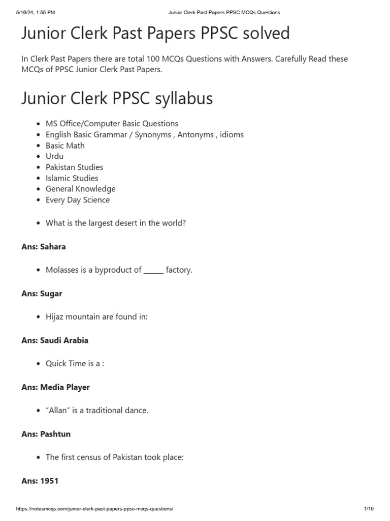 Junior Clerk Past Papers PPSC MCQs Questions | PDF