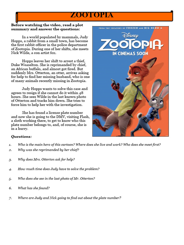Zootopia Catroon Based On Its Trailer Reading Comprehension Exercises ...