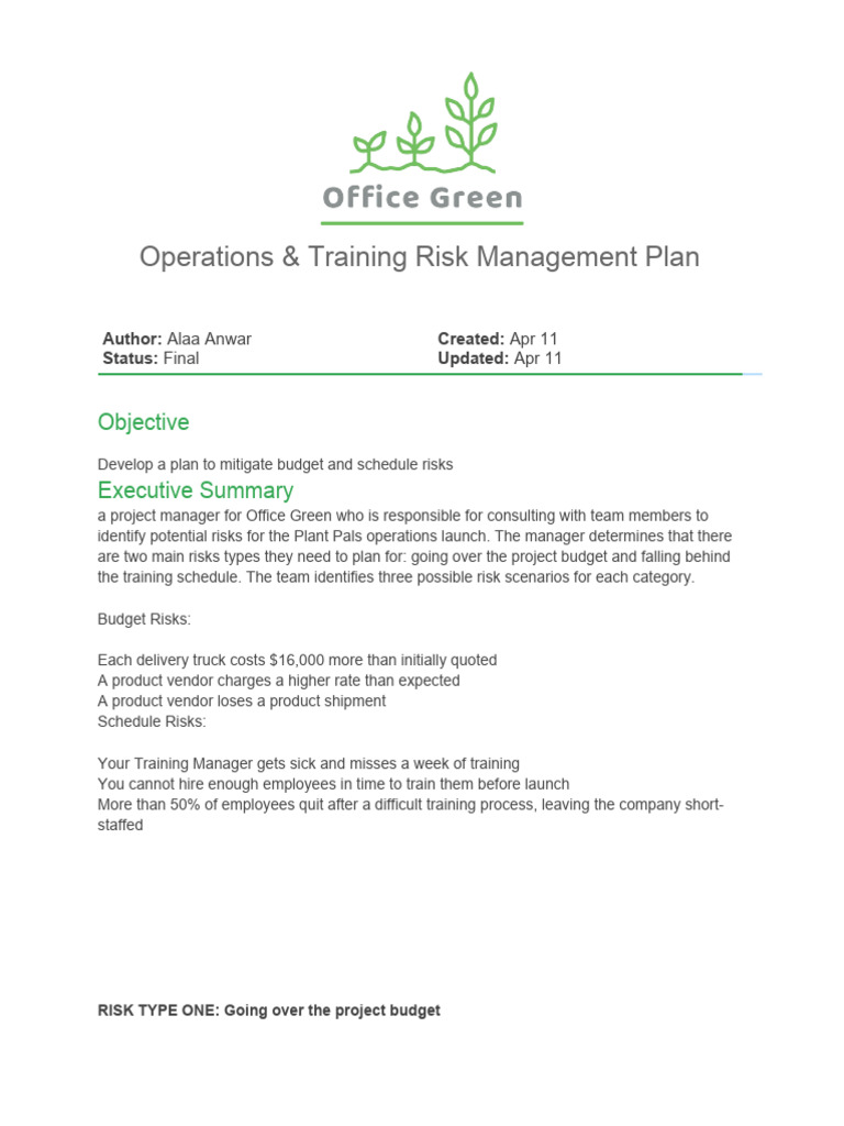 Operations & Training Risk Management Plan Alaa Anwar | PDF | Risk | Risk Management