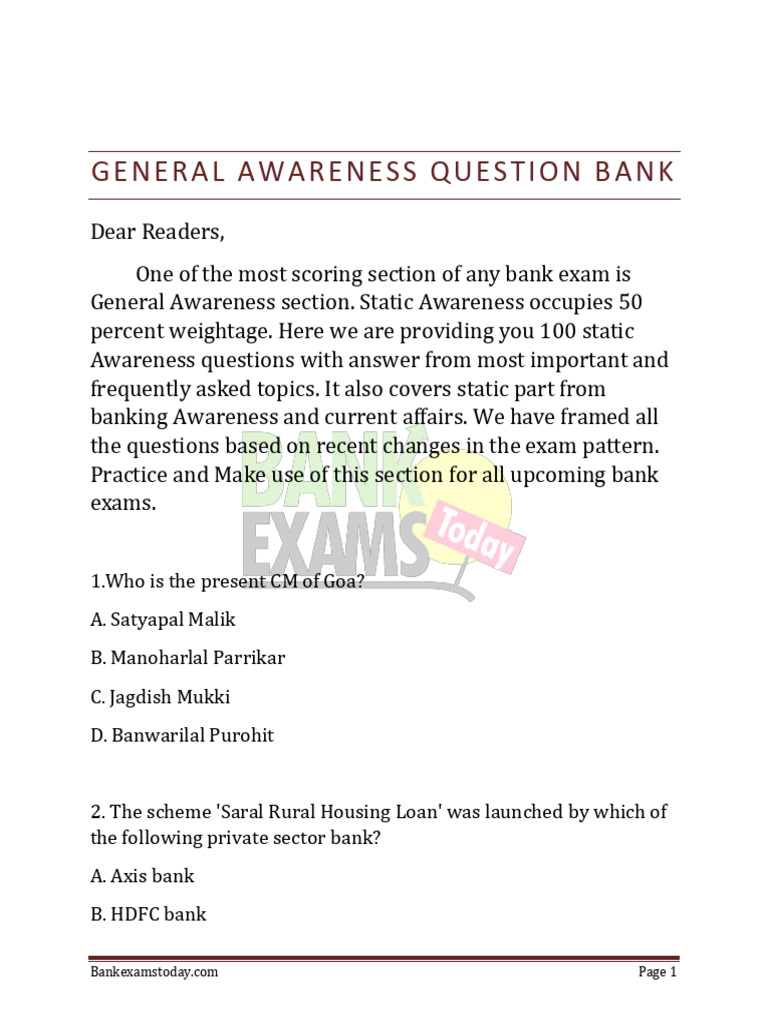 General Awareness Question Bank | PDF