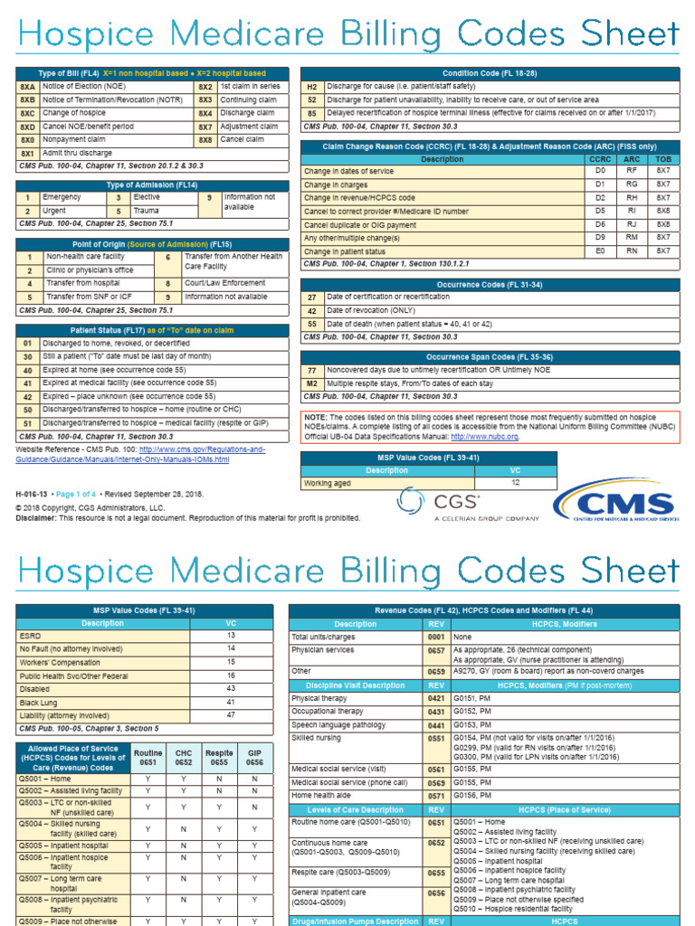 Hospice Medicare Billing Codes Sheet | PDF | Medicare (United States ...