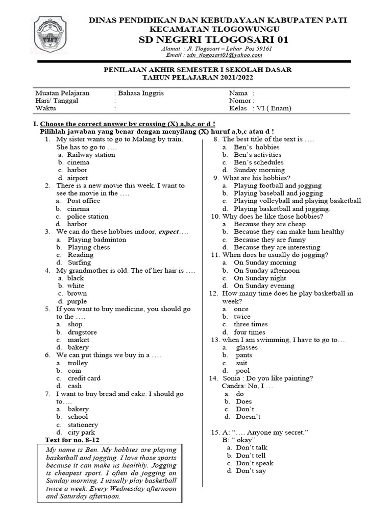 Soal Pas Semester I Kelas 6 Tahun 2021 | PDF