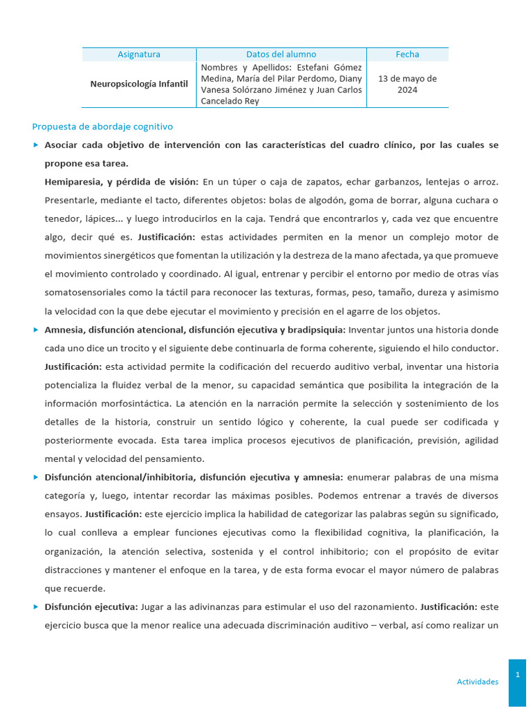 Propuesta de abordaje cognitivo actividad 2 grupal | PDF | Atención | Memoria