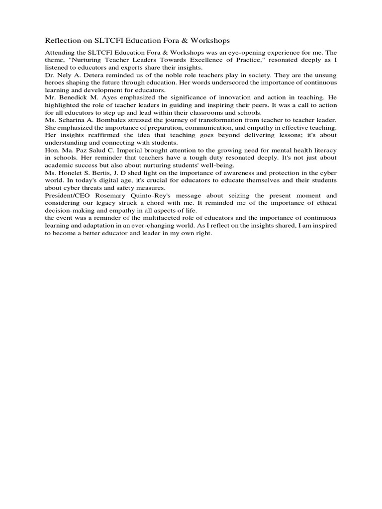 Reflection On SLTCFI Education Fora | PDF | Career & Growth | Wellness