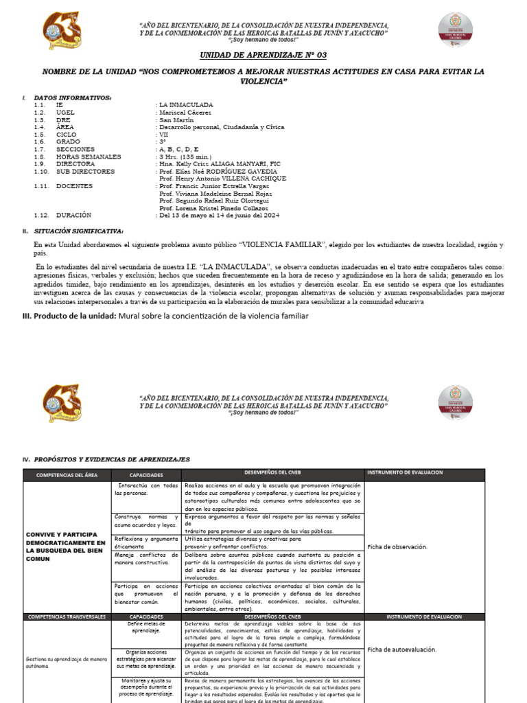 UNIDAD DE APRENDIZAJE 3 - DPCC 3° | PDF | Aprendizaje | Evaluación