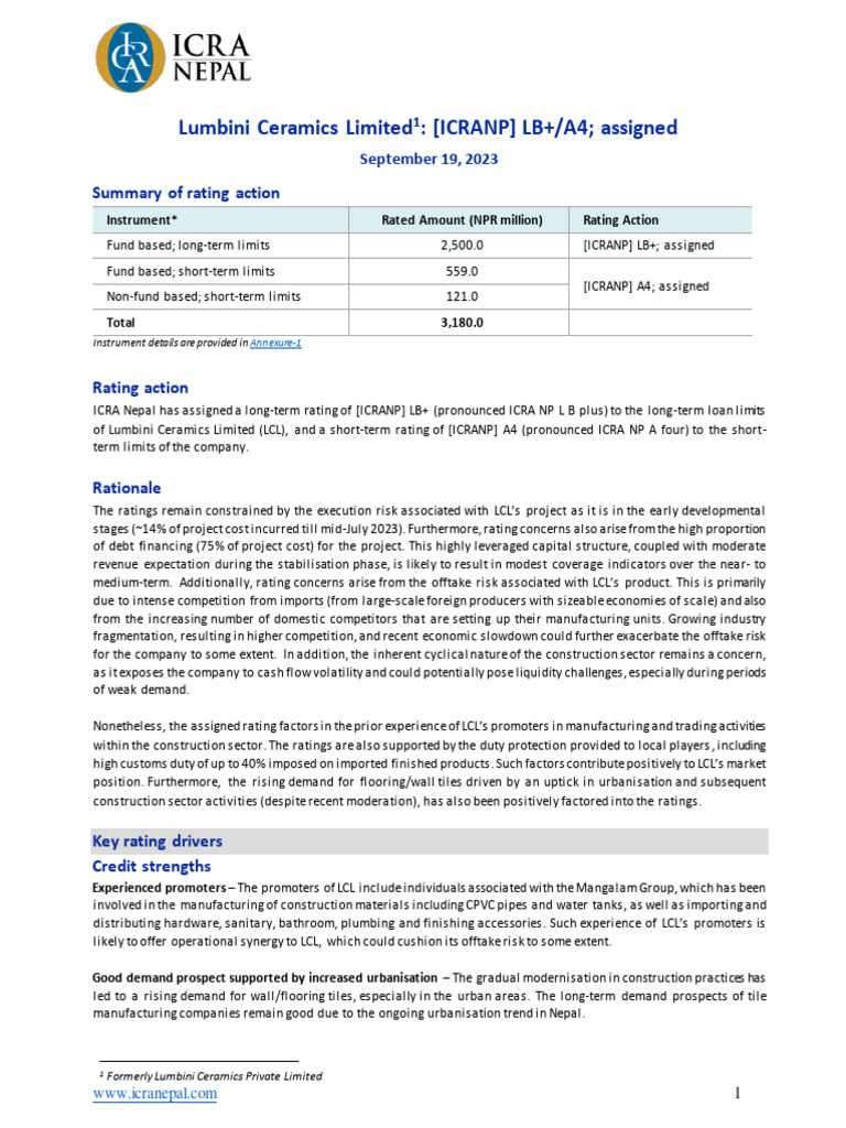A.413-Lumbini-Ceramics-Limited BLR - Rationale September 2023 Final UL | PDF | Capital Structure ...