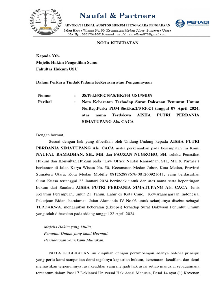 Nota Keberatan (Eksepsi) | PDF