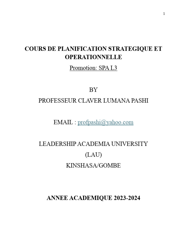 Cours de Planification Strategique Et Operationnellefinal | PDF | Planification | Analyse SWOT