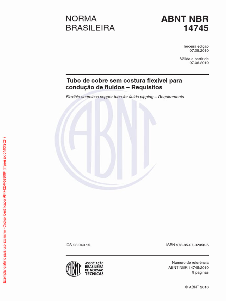 ABNT NBR 14745 - Tubo de cobre sem costura flexível para condução de ...
