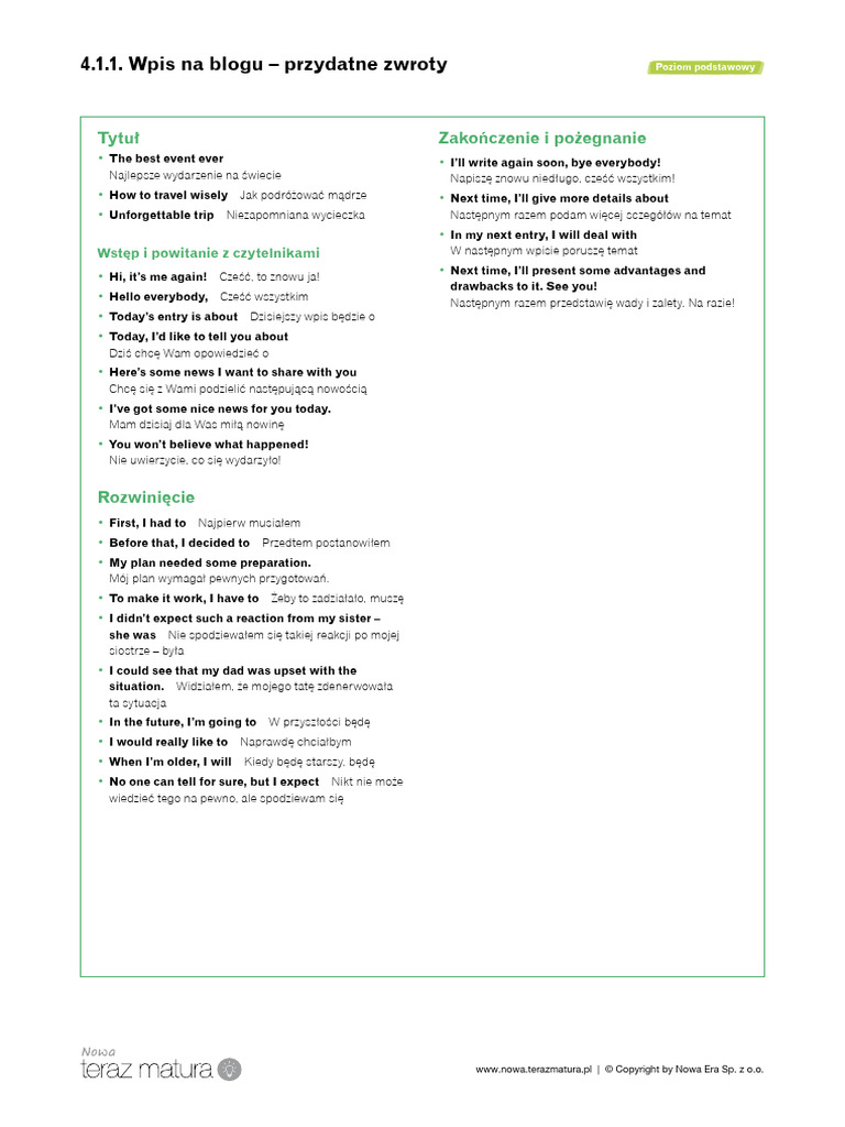 4.1.1. Wpis Na Blogu - Przydatne Zwroty | PDF