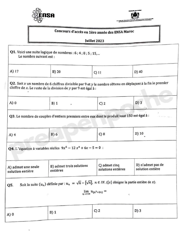 Exemple Concours ENSA 2023 Math | PDF