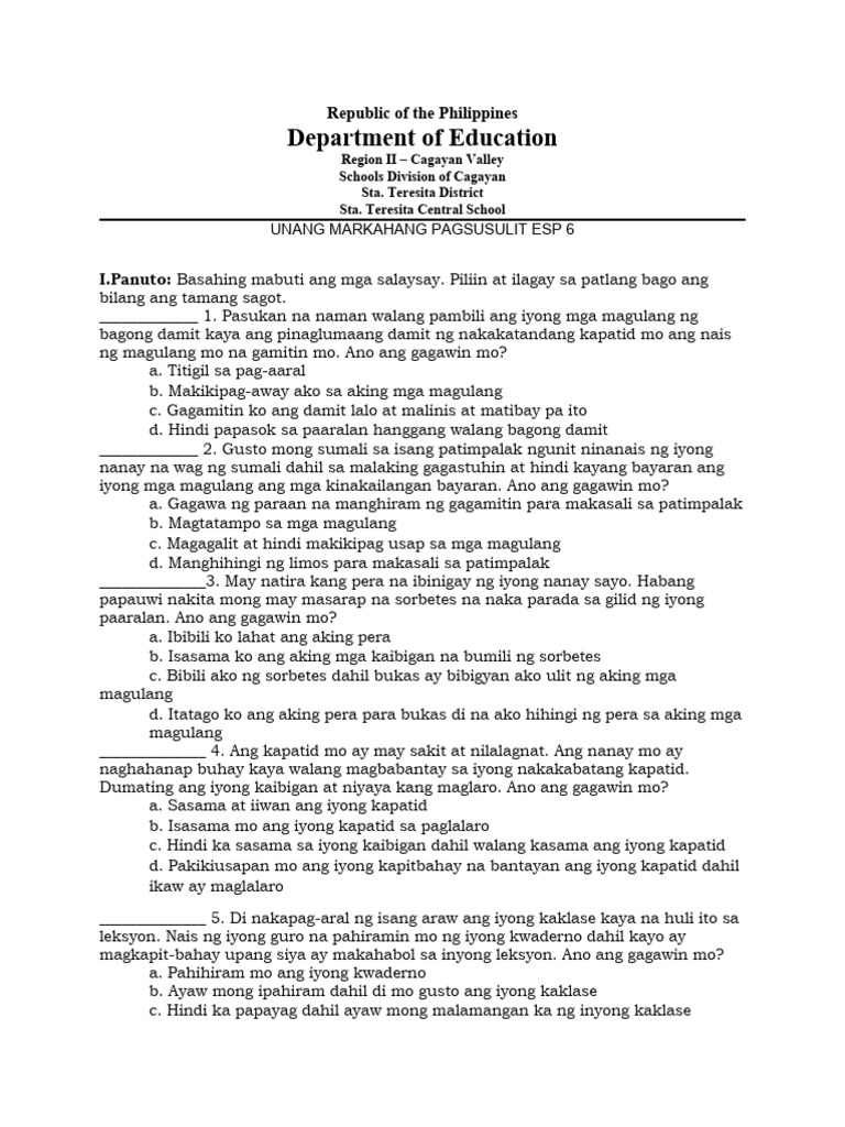 1ST Quarter Test Esp6 | PDF