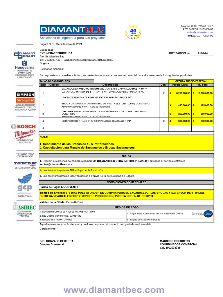 9116-24 PYT INFRAESTRUCTURA - Taladro Sacanucleos + Broca Diamantada ...